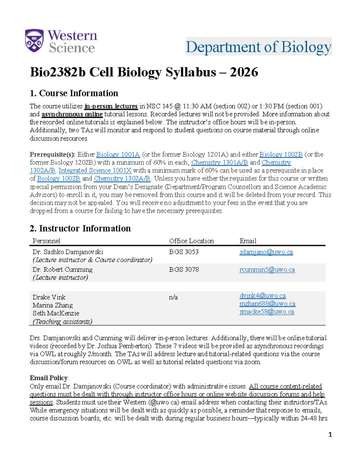 Bio2382b Cell Biology Course Outline and Syllabus 2026 - Studocu