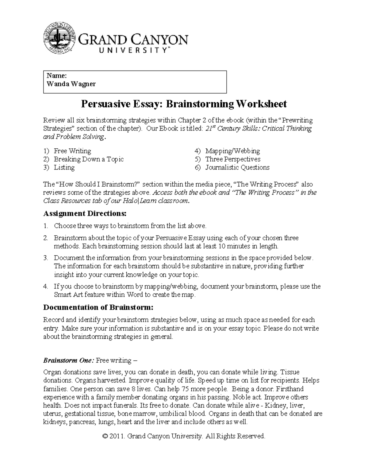 PHI-105 Persuasive Essay Brainstorming Worksheet Topic 2 - Name: Wanda ...