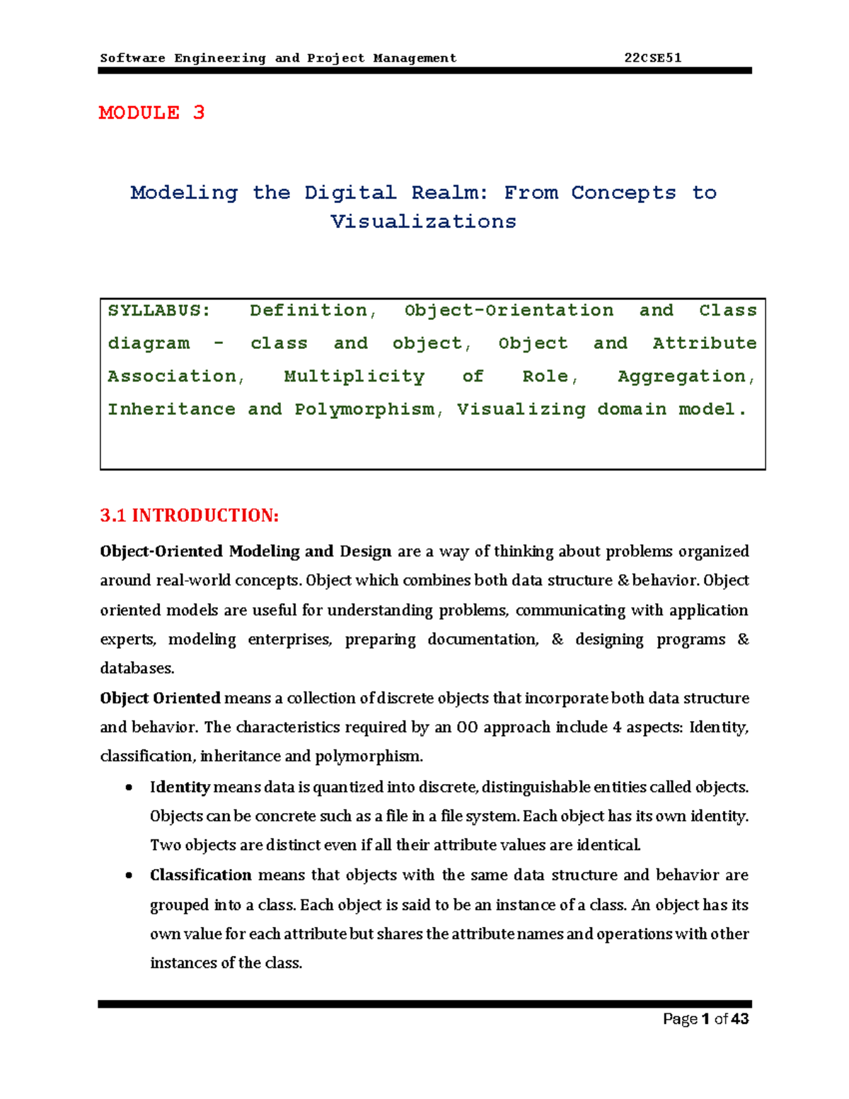 Software Engineering and Project Management 22CSE51 Module 3: Object-Oriented - Studocu