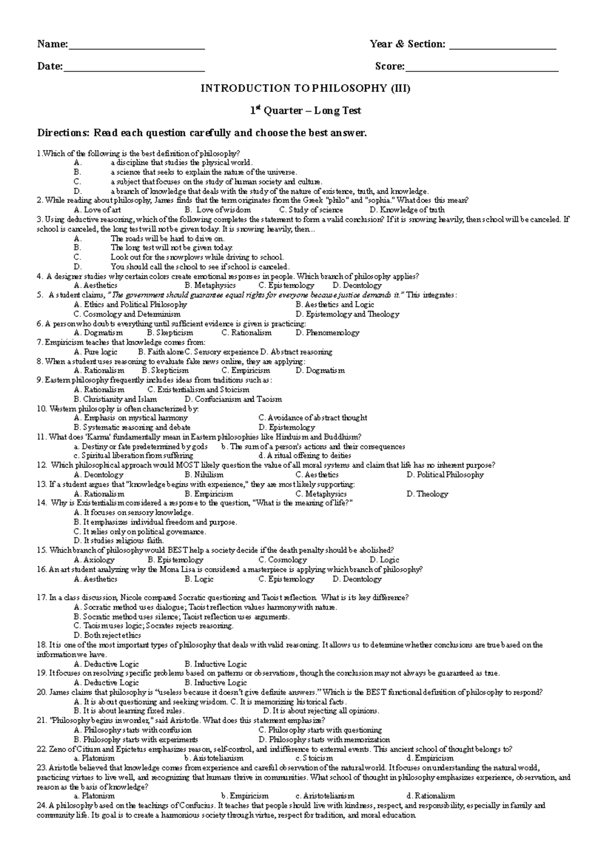 Philosophy 1st Quarter Long Test - Comprehensive Review - Studocu