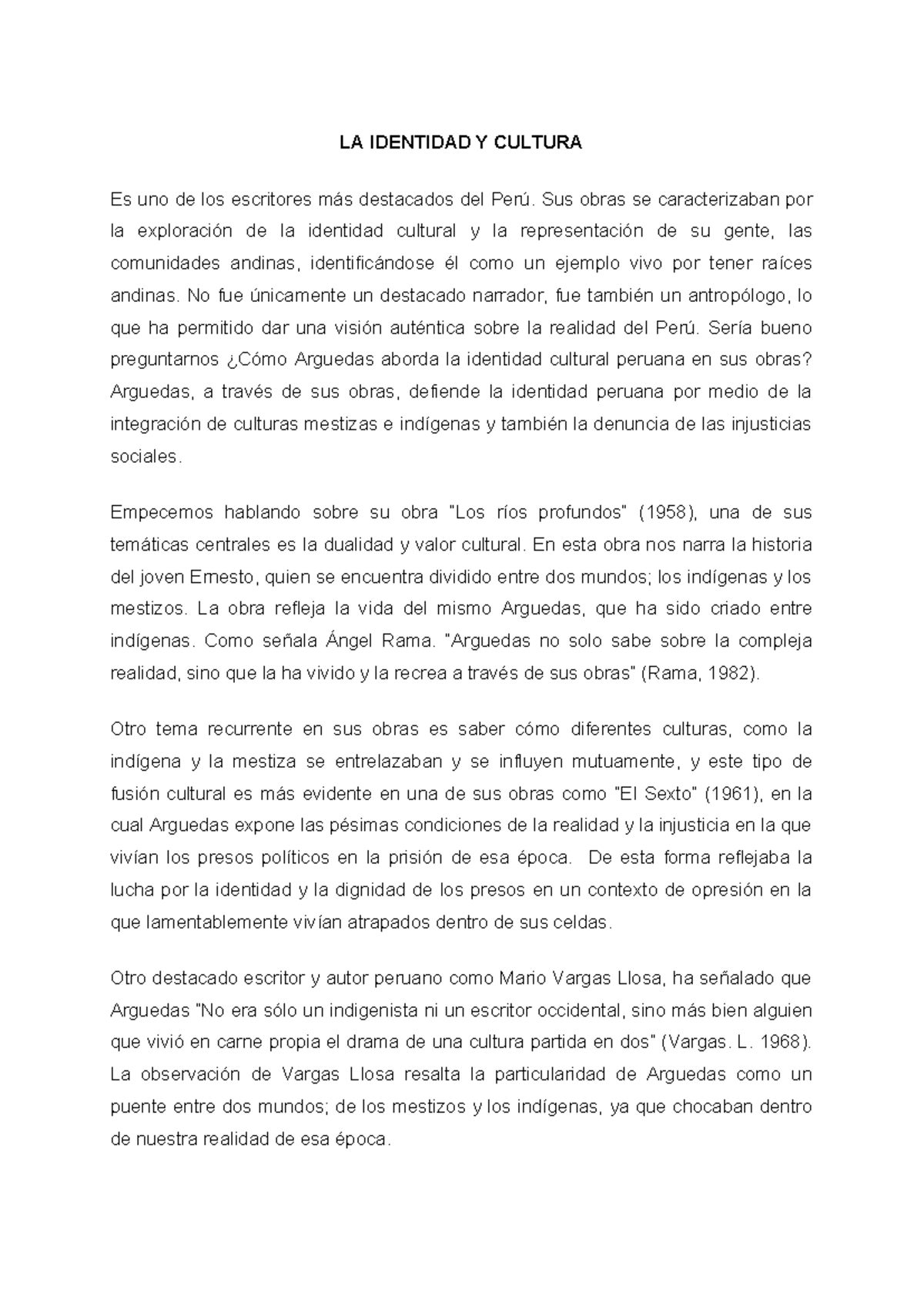 LA IDENTIDAD Y CULTURA EN LAS OBRAS DE ARGUEDAS: UN ANÁLISIS - Studocu
