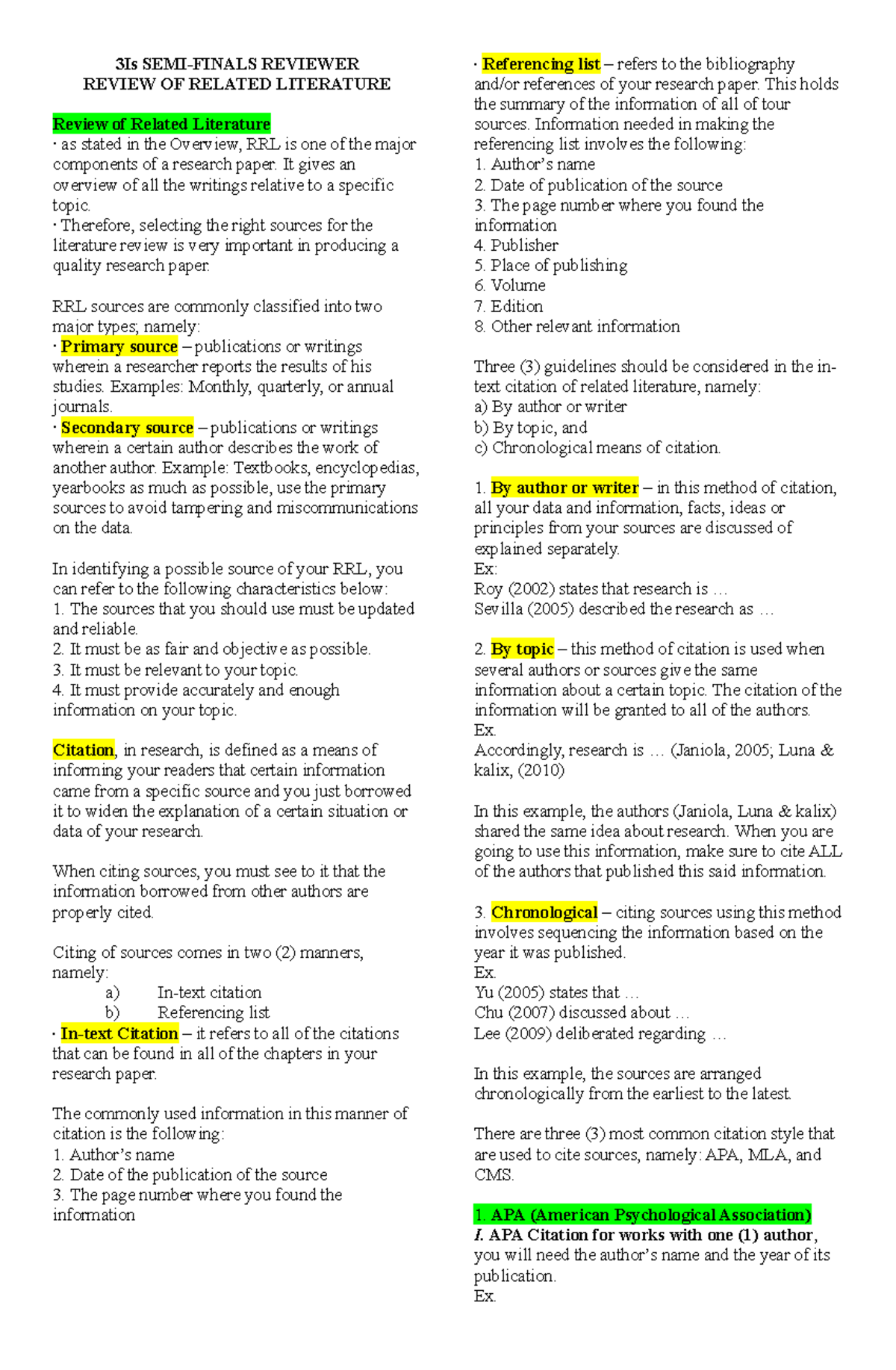 RRL SEMI-FINALS REVIEWER: A Comprehensive Guide to Citation Styles ...