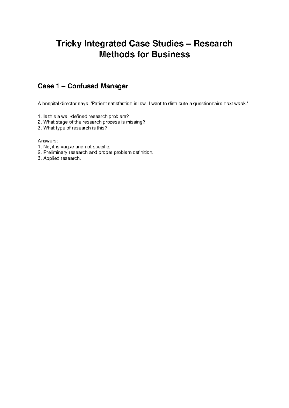 Research Methods for Business: Tricky Case Studies Answers (Case 1-10 ...