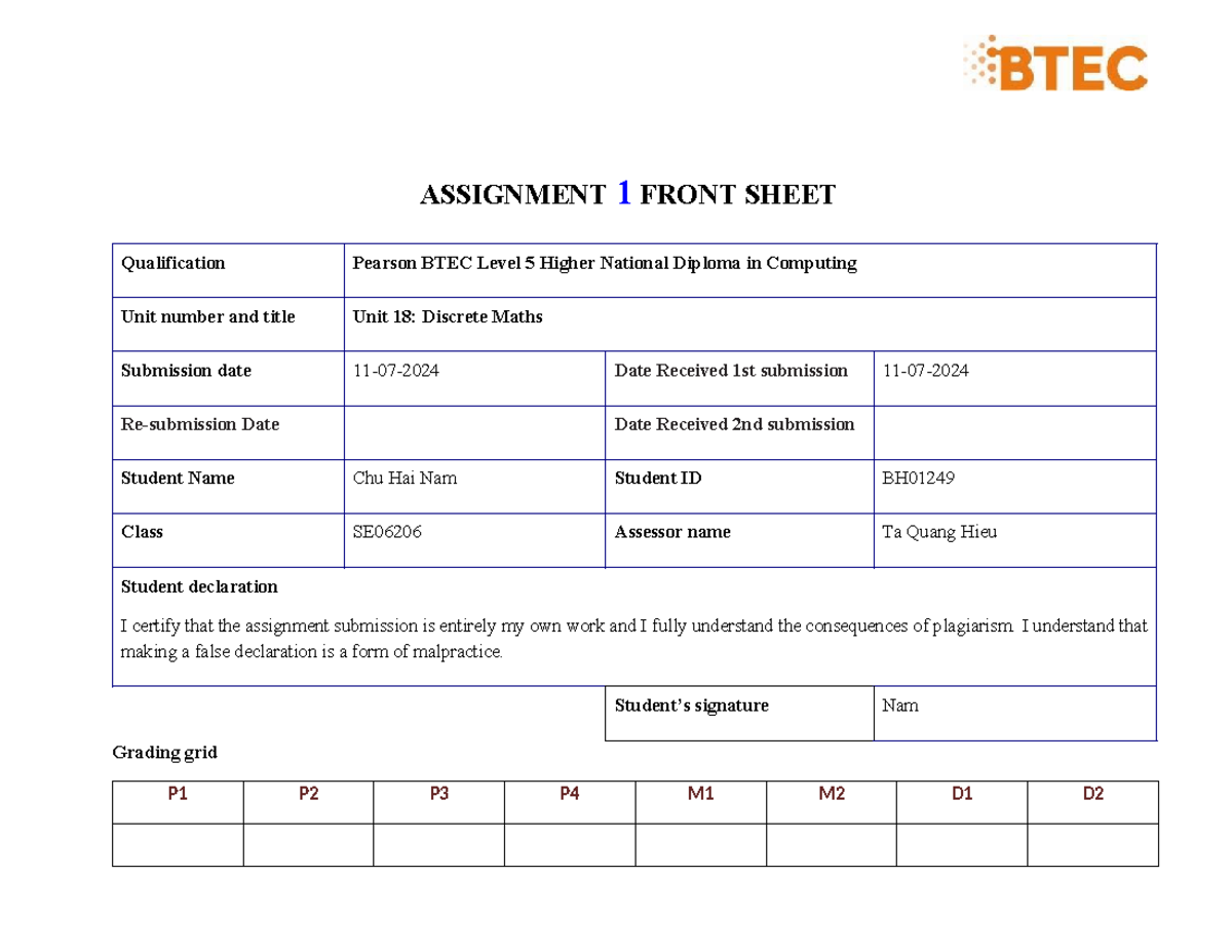 Unit 18 Assignment 1 Frontsheet - ASSIGNMENT 1 FRONT SHEET Qualification Pearson BTEC Level 5 ...