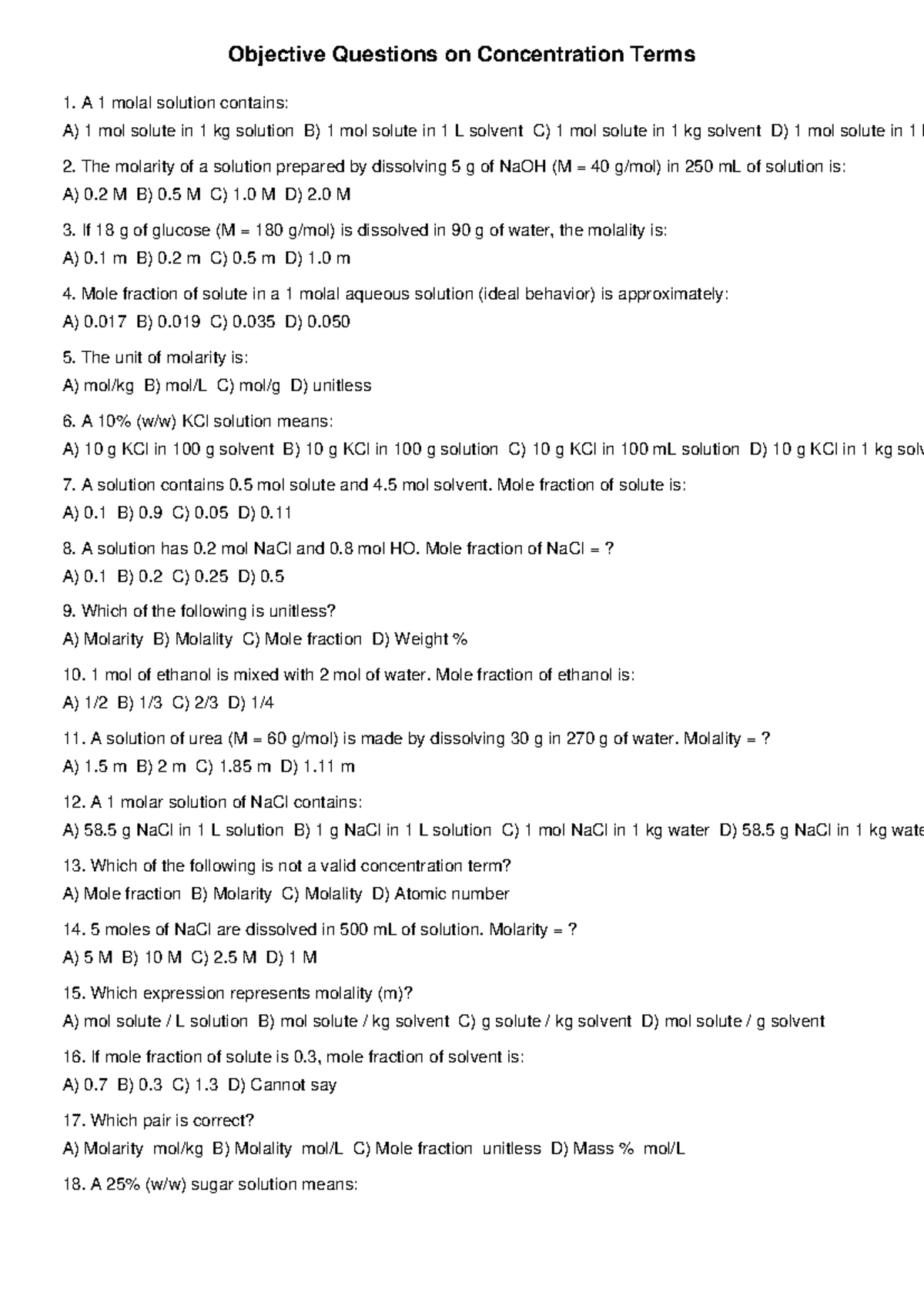 Concentration Terms Objective Questions - Chemistry Quiz (CHEM101 ...