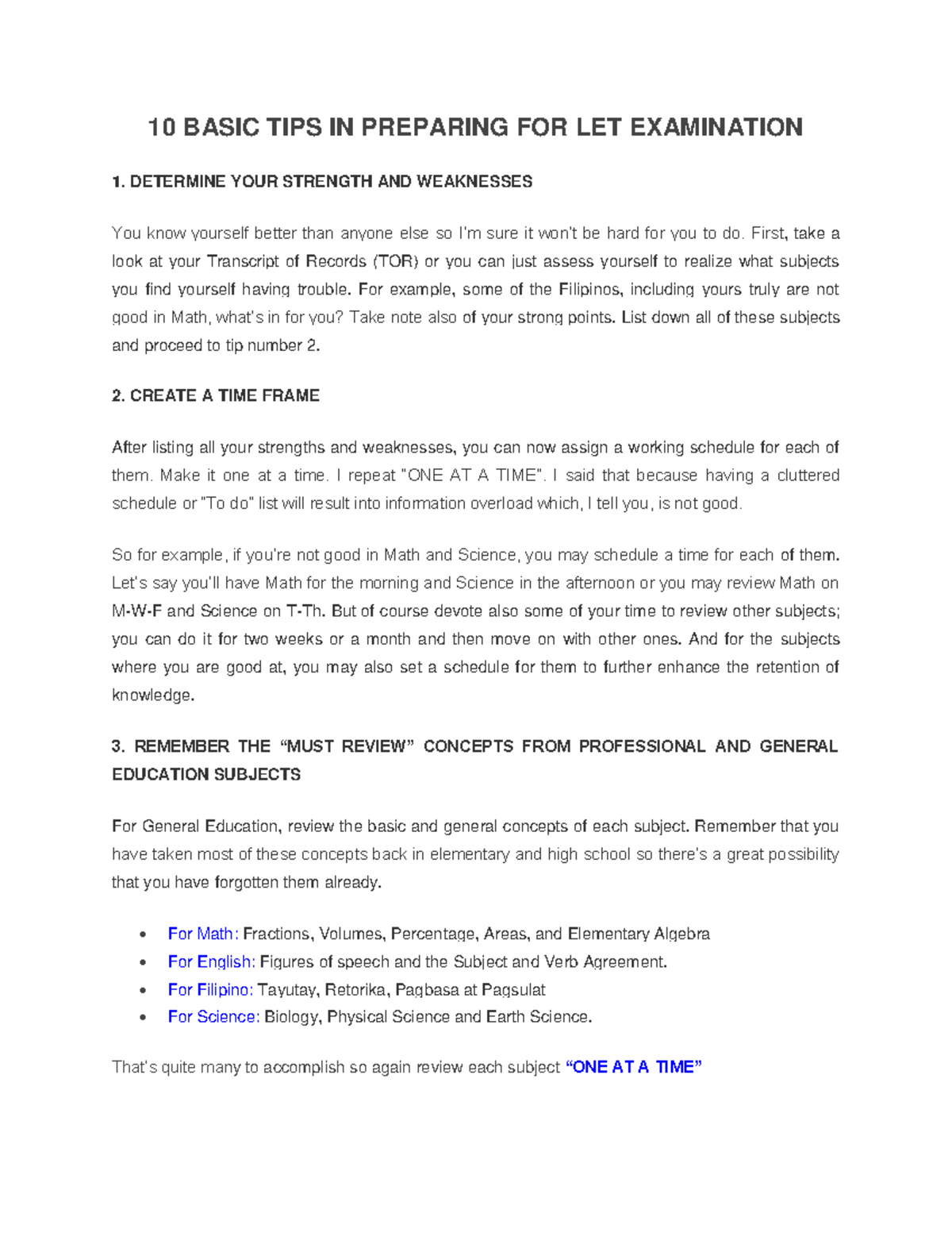 10 Basic Tips In Preparation For Let Exaination - 10 BASIC TIPS IN ...