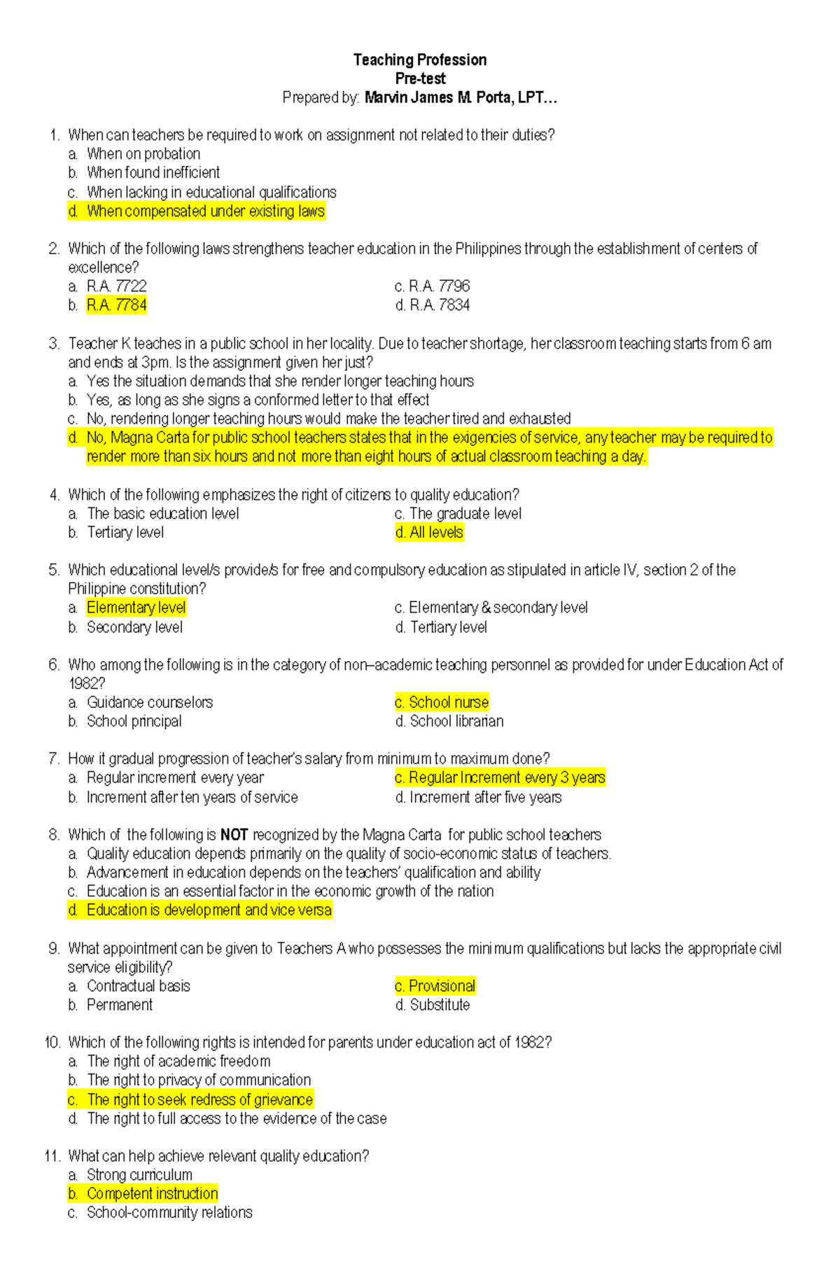 Teaching Profession: Pre-Test Review for EDU 20 - Studocu