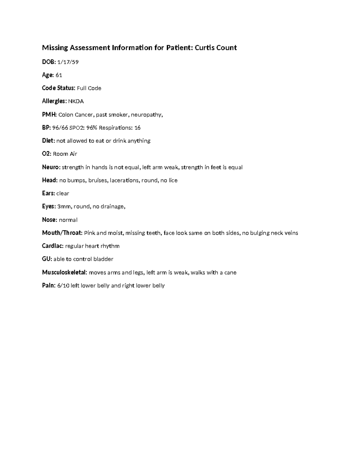 Patient Assessment Report: Missing Information for Curtis Count ...