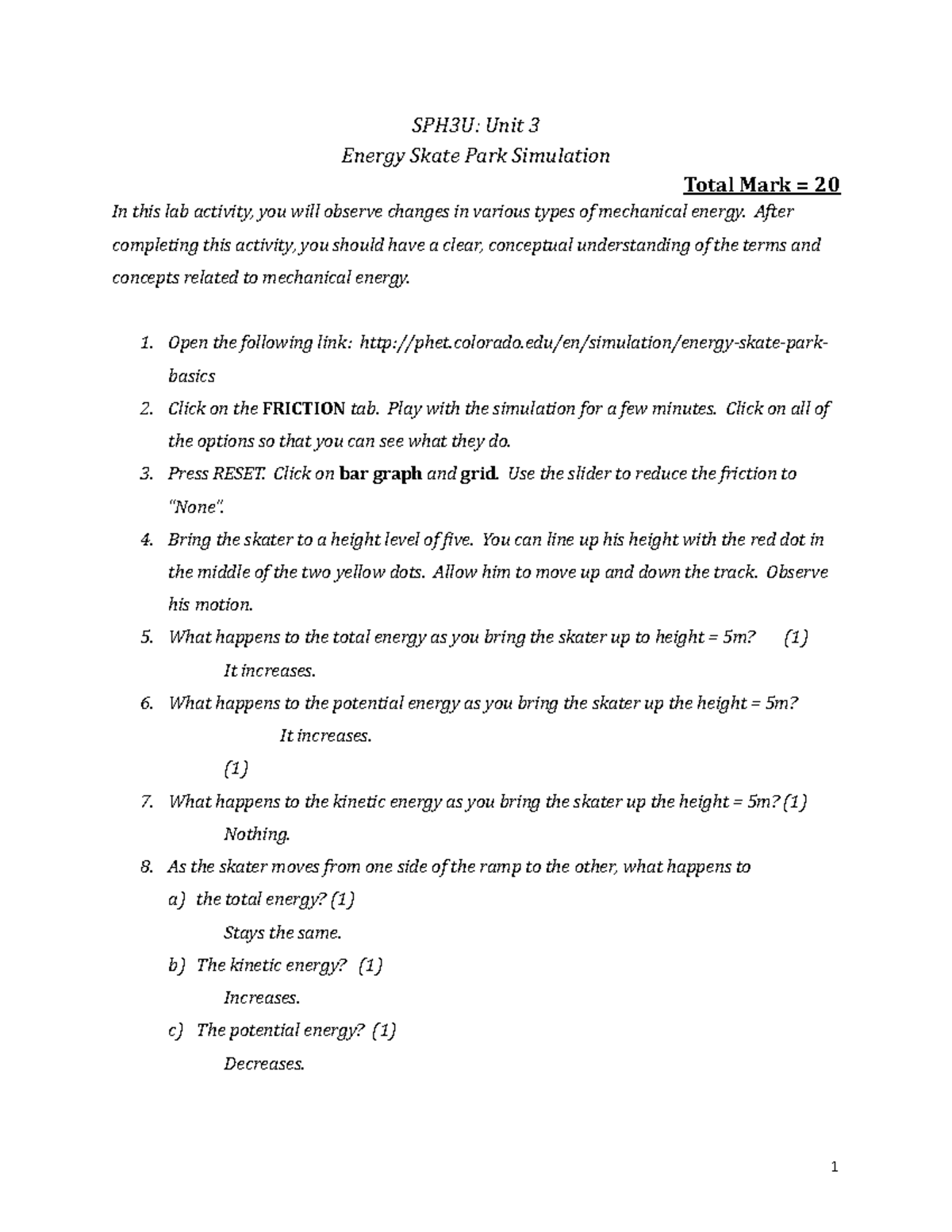 SPH3U Unit 3 Energy Skate Park Simulation Lab Guide [V2] - Studocu