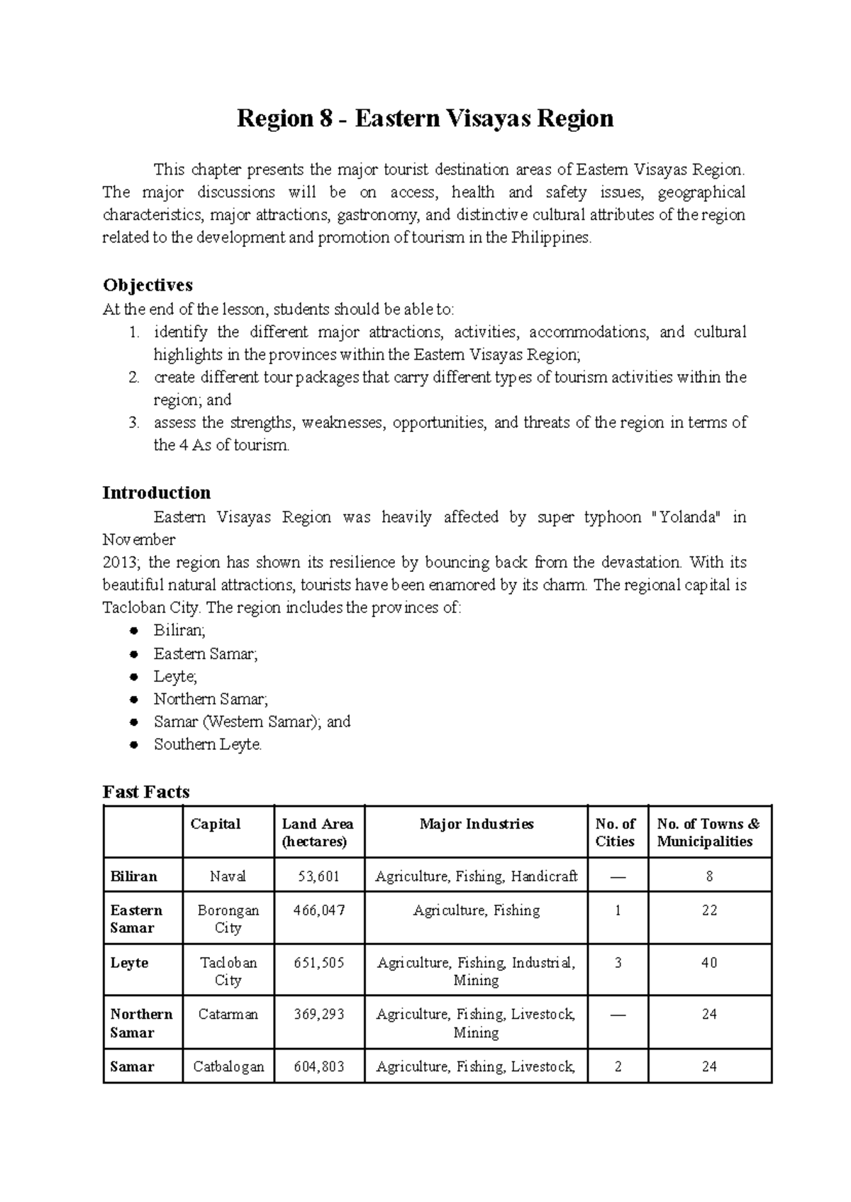Region 8: Major Tourist Destinations in Eastern Visayas - Studocu