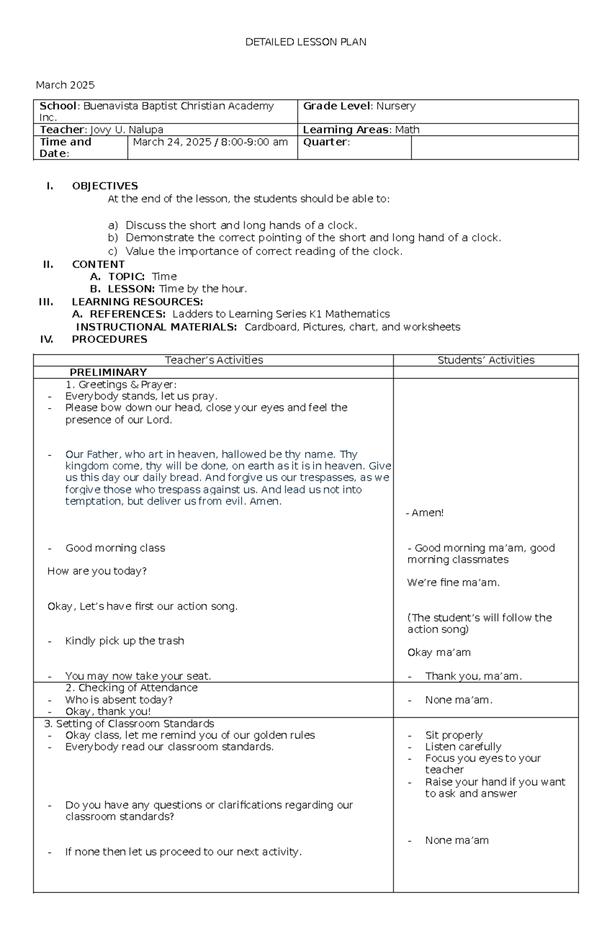 Detailed Lesson Plan on Time for Nursery Class (Math) - Studocu