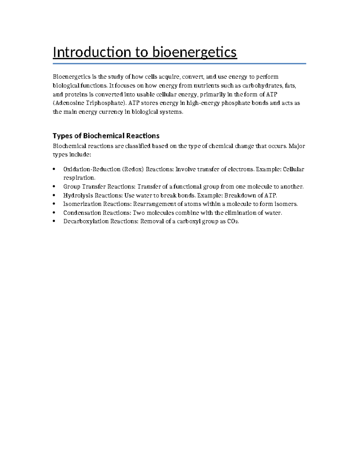 BIO 101: Introduction to Bioenergetics & Biochemical Reactions - Studocu