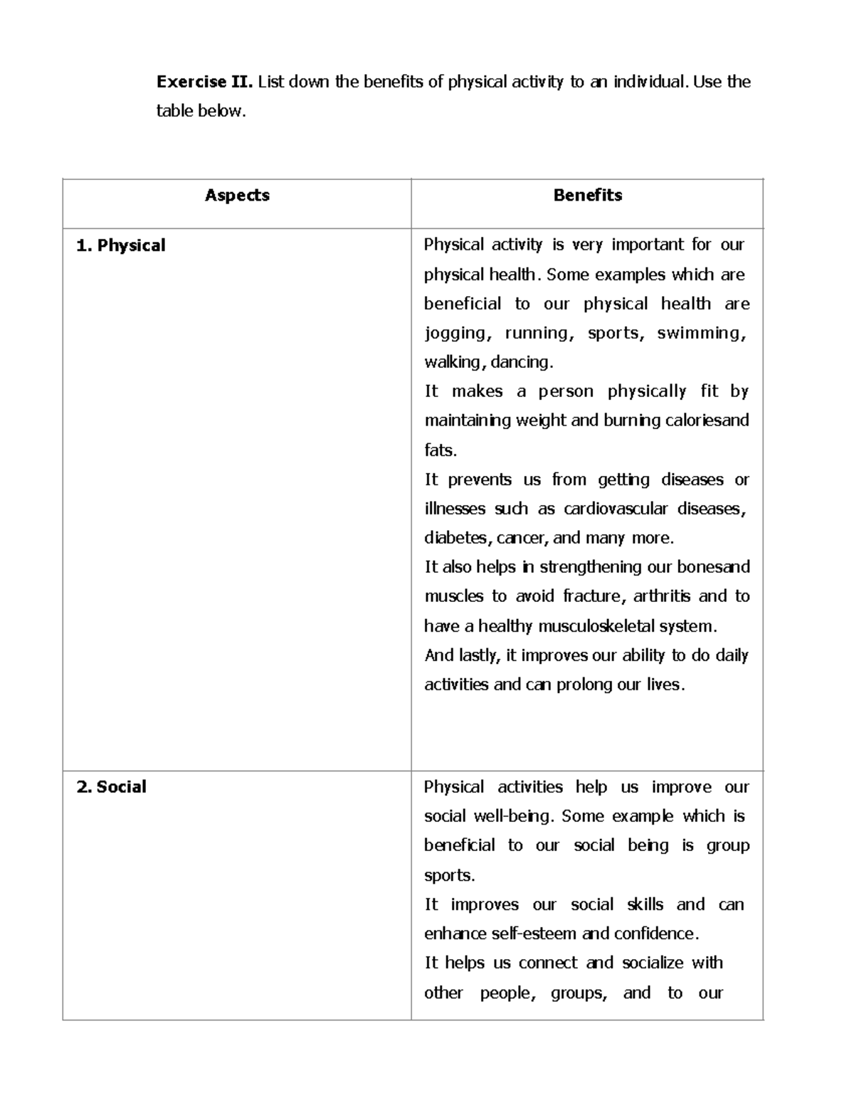 Reflection pe - Exercise II. List down the benefits of physical ...