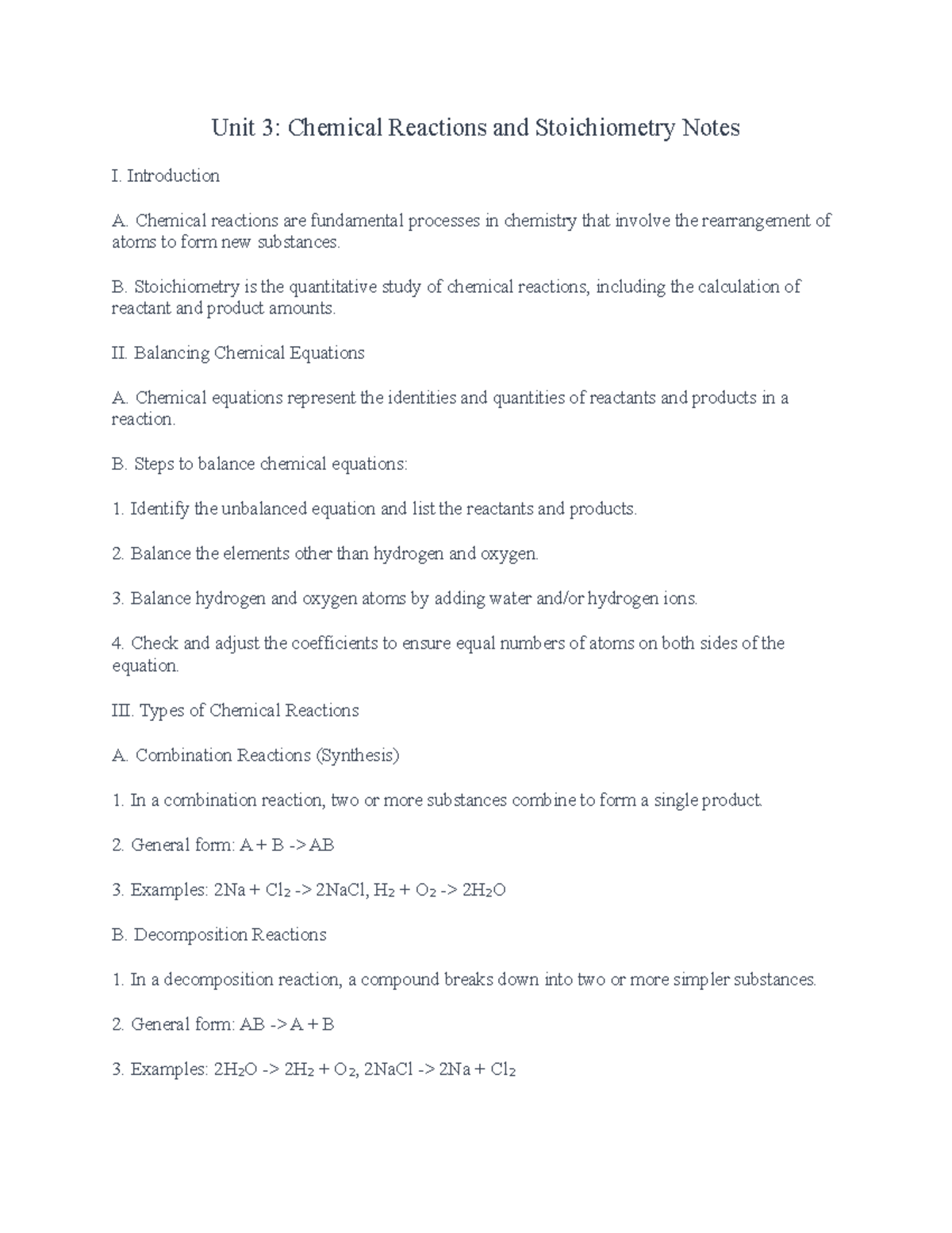 AP Chemistry Unit 3: Chemical Reactions & Stoichiometry Notes - Studocu