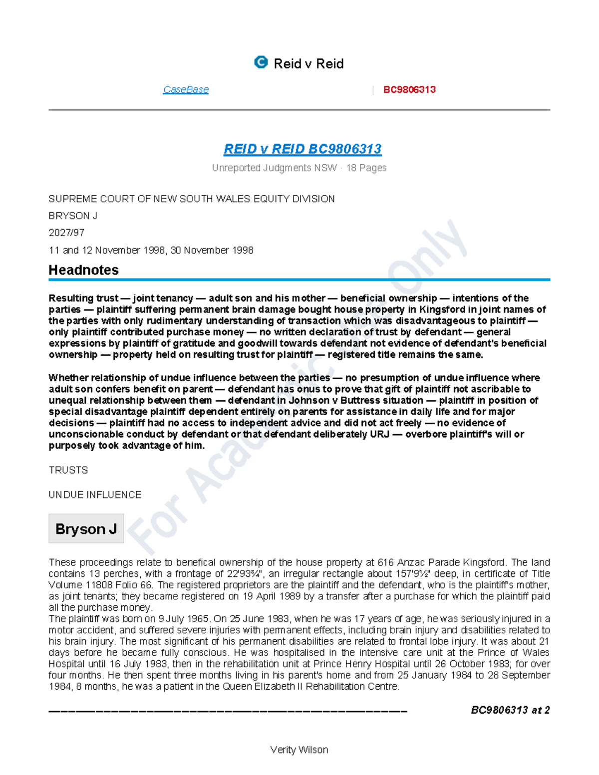 REID v REID BC9806313 - Case Analysis on Resulting Trust and Undue ...
