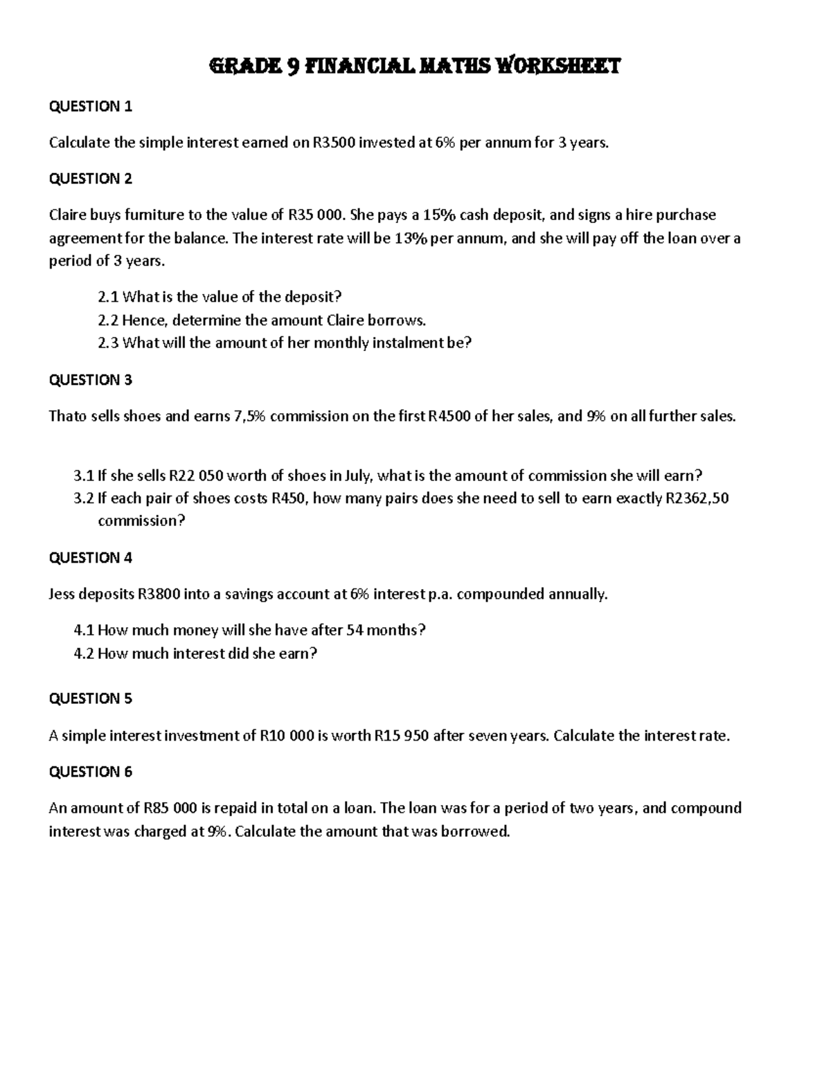 Grade 9 Financial Maths - Worksheets & Practice Problems - Studocu