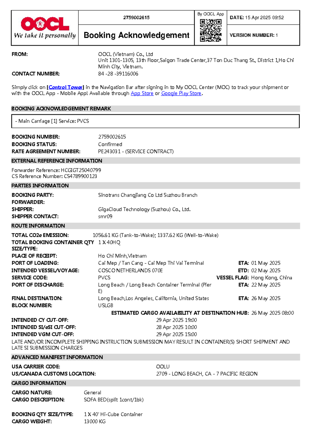 OOCL App 2759002615 Booking Acknowledgement - April 2025 - Studocu