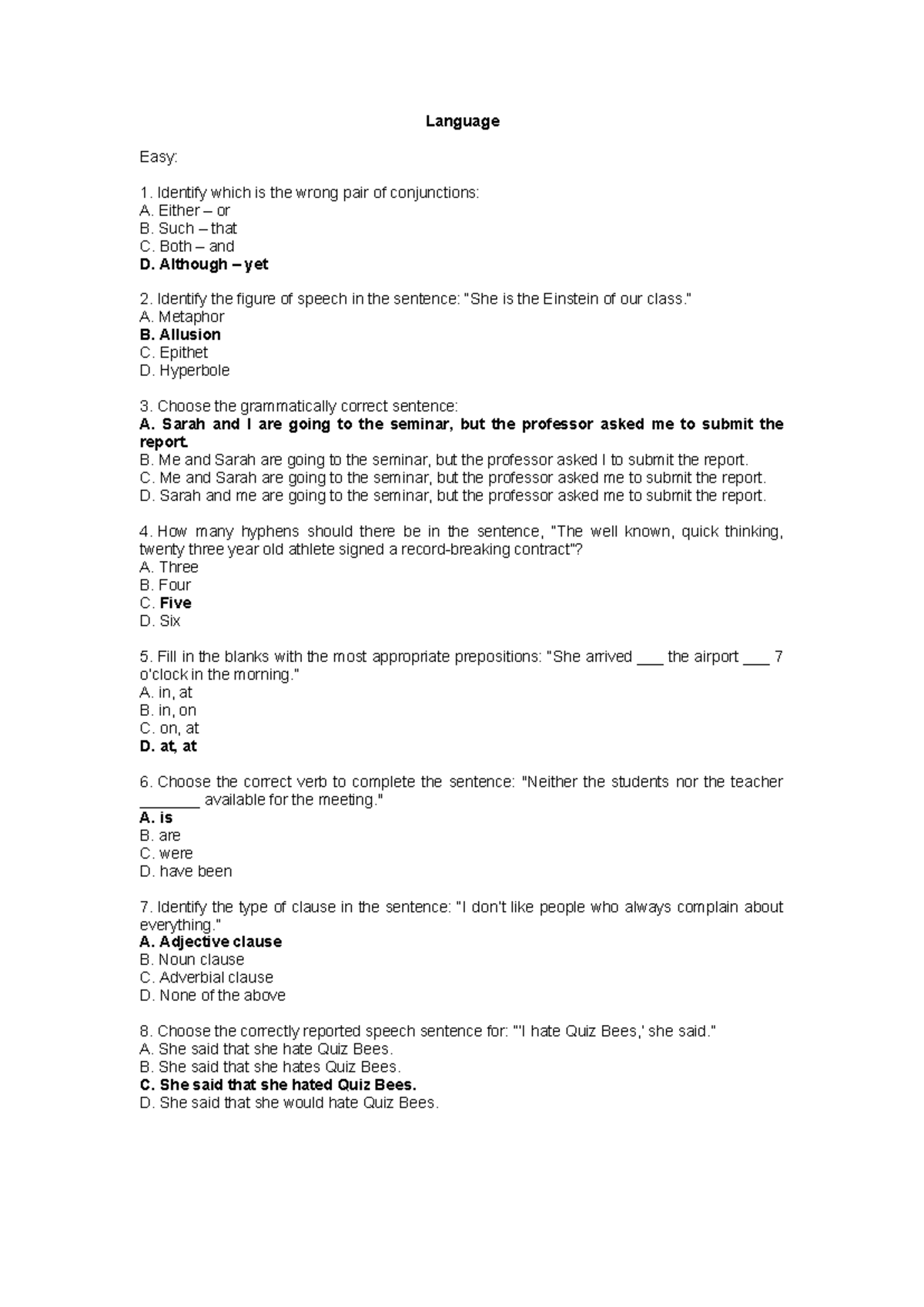 Language & Science Quiz: Easy to Difficult (Course Code: LSG 101) - Studocu