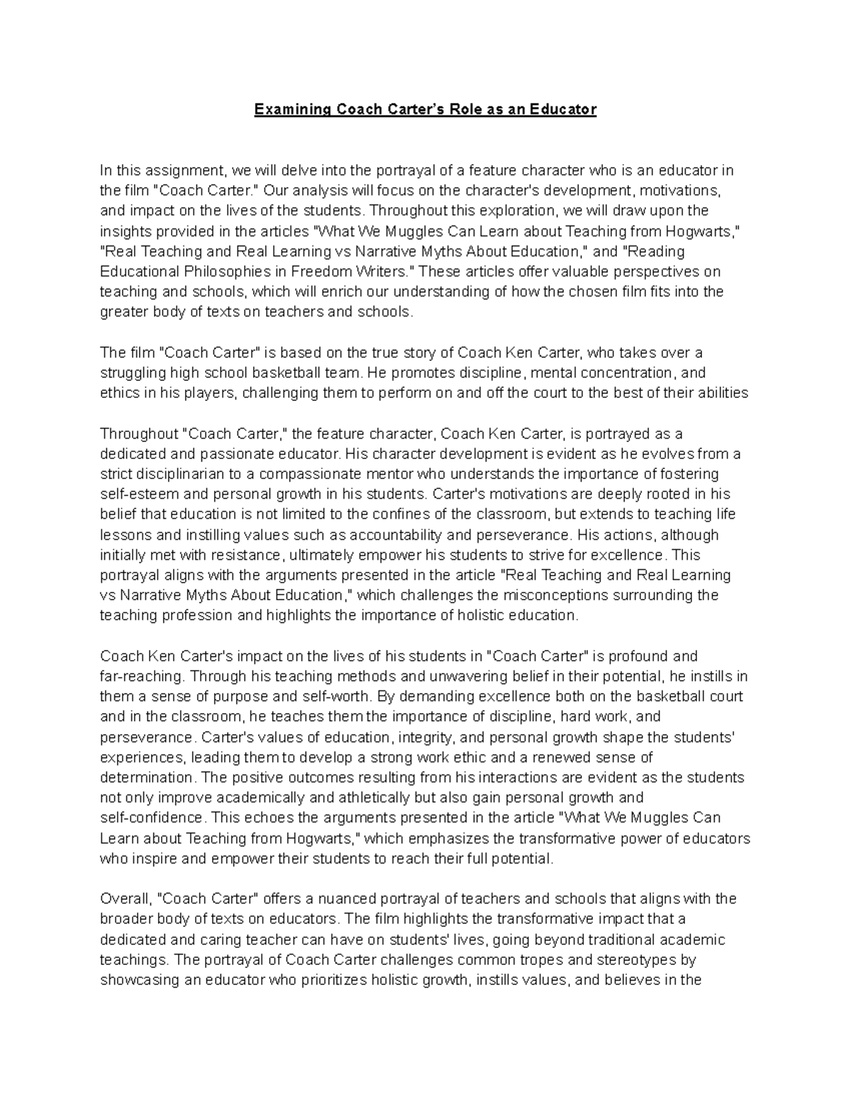 Analyzing Coach Carter as an Educator: Impact and Philosophy - Studocu