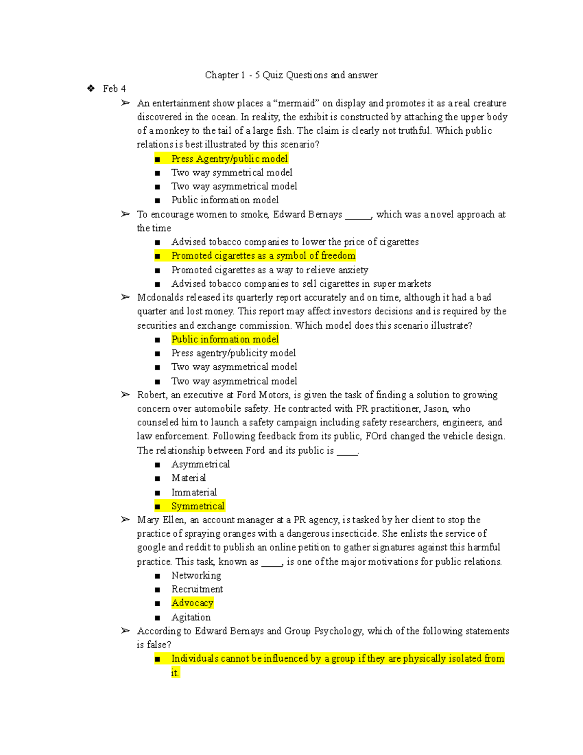 MKTG 432 Chapter 1 Quiz Questions & Answers on PR Models - Studocu