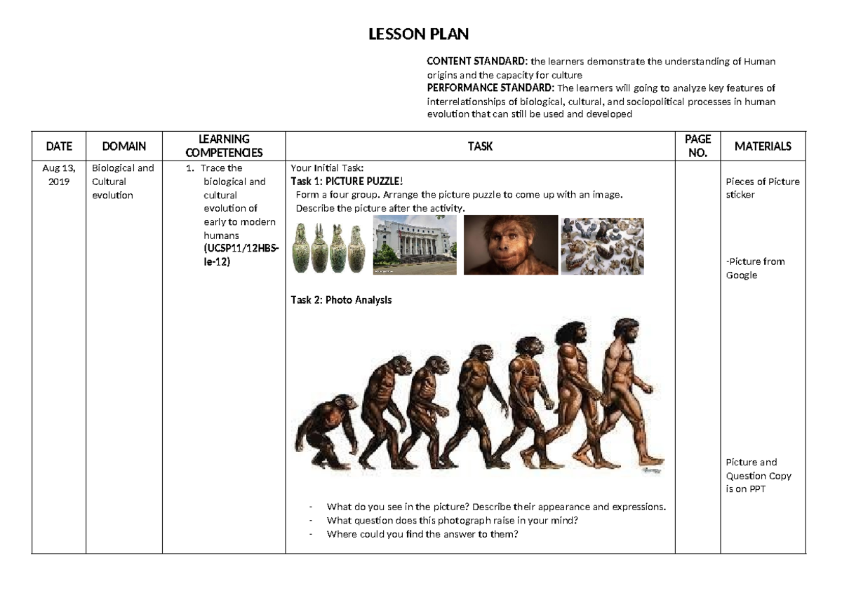 UCSP11/12HBS-Ie-12 Lesson Plan: Exploring Human Evolution Activities ...
