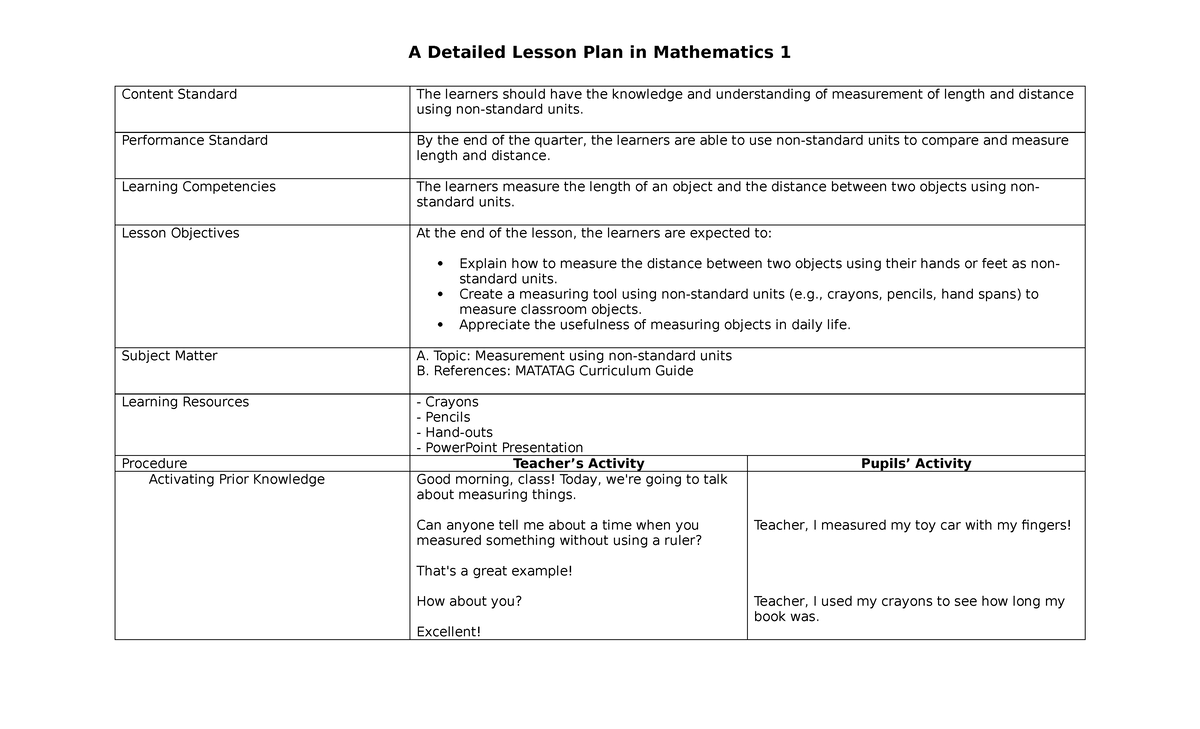 Detailed Lesson Plan MATH inquiry based - Content Standard The learners ...