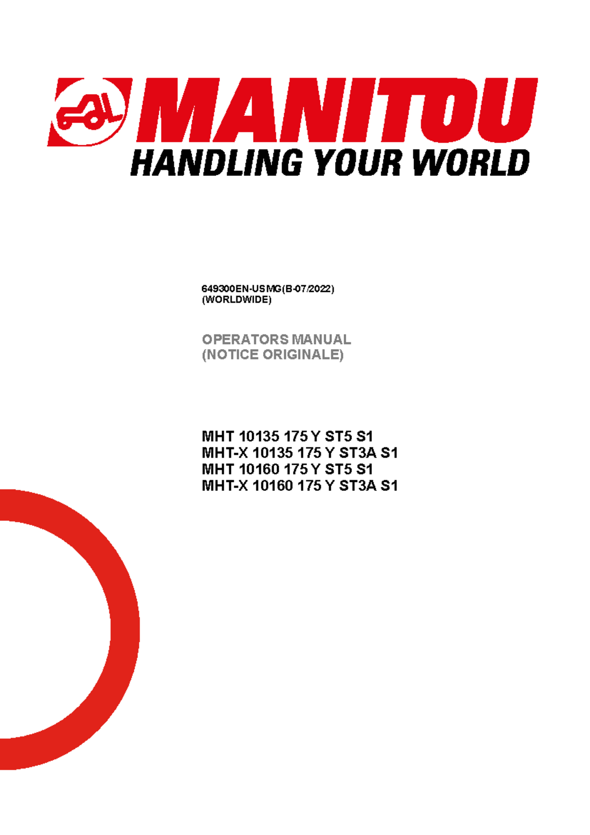 Manitou MHT 10135 Operators Manual: Safety & Maintenance Guide - Studocu