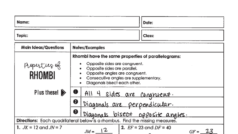 Properties of Rhombi & Squares - AK Class Notes - Studocu
