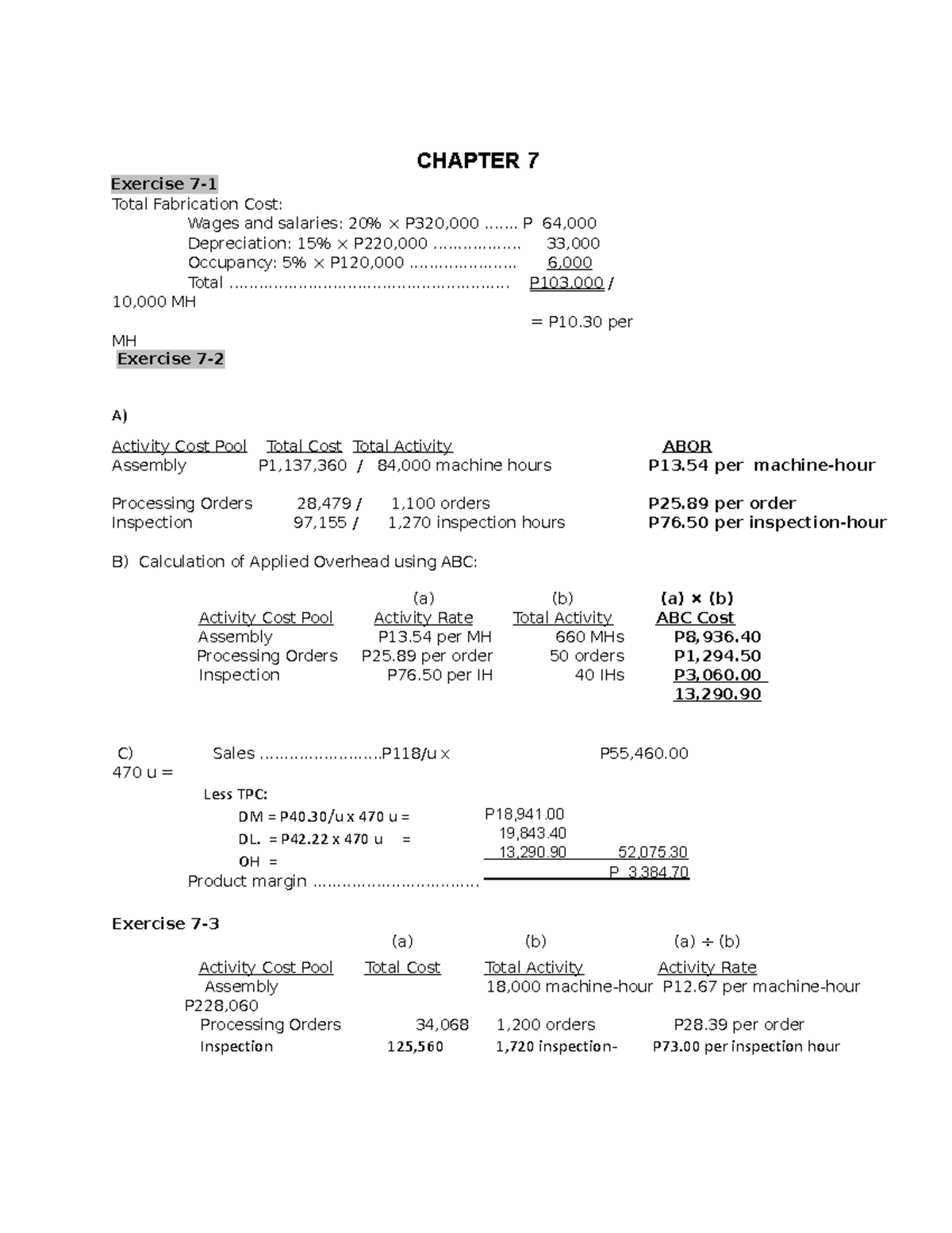 Ch7-ABC-SM2023 - COST ACCOUNTING - CHAPTER 7 Exercise 7- Total ...