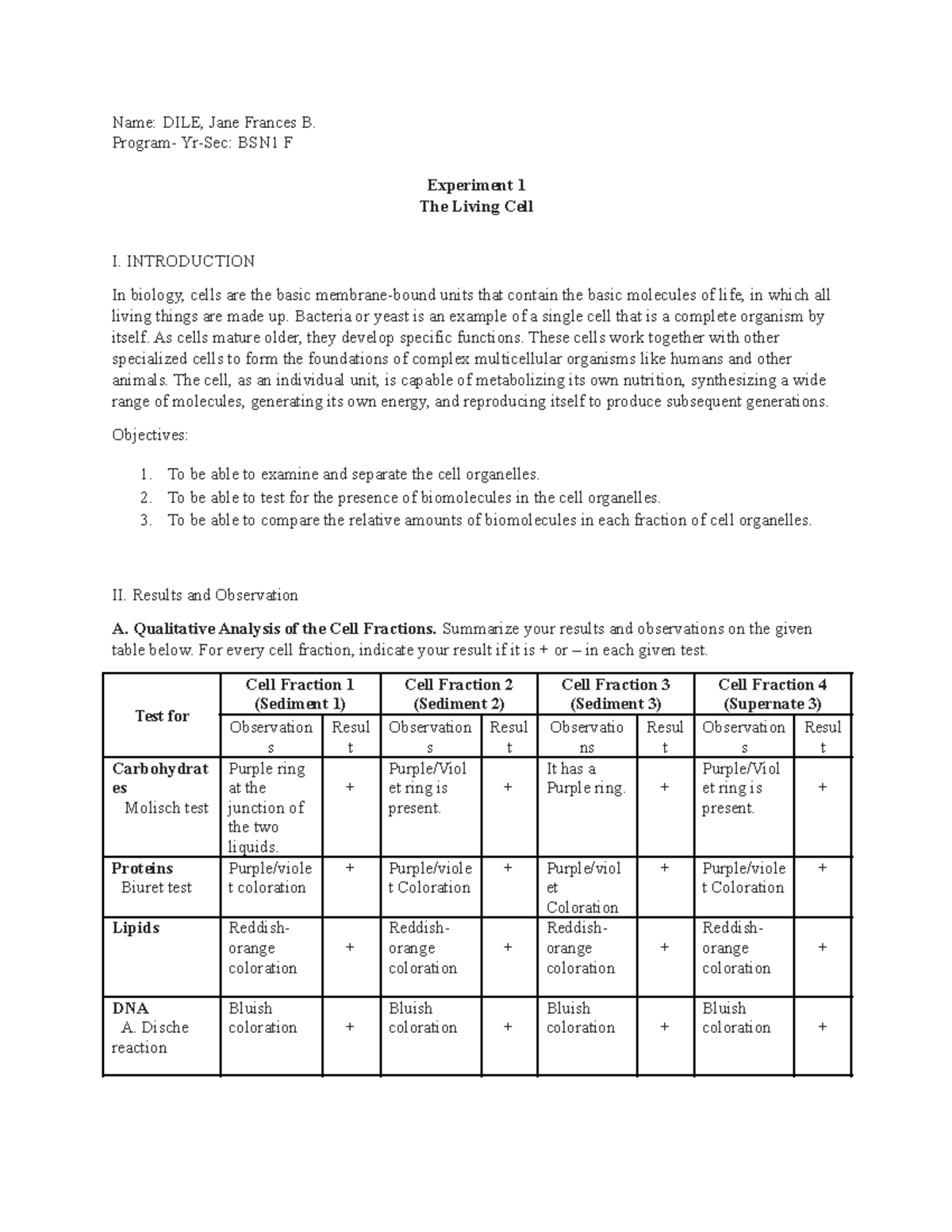 Experiment 1: Analysis of Cellular Composition and Biomolecules - Studocu