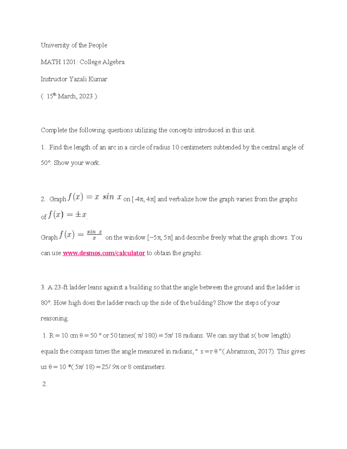 MATH 1201: College Algebra Unit 7 Written Assignment Analysis - Studocu