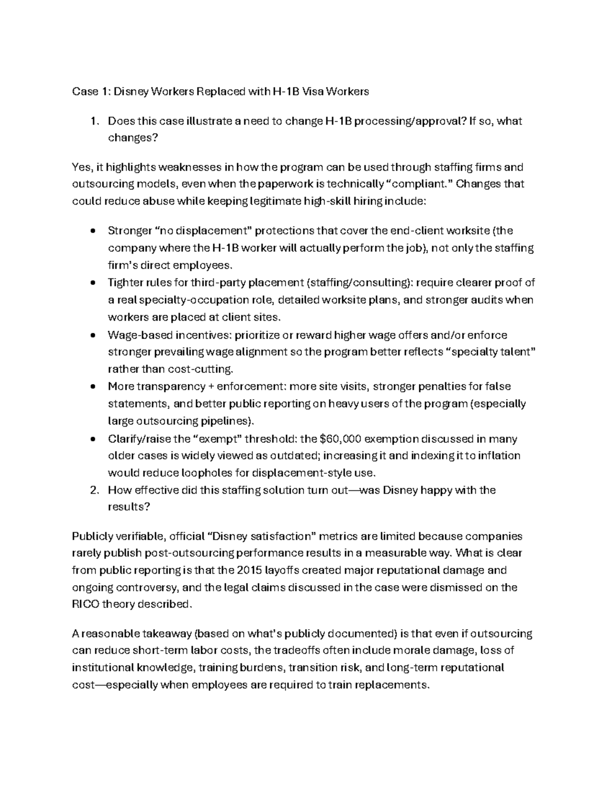 Case Study: Disney Workers and Visa Worker Replacement Issues - Studocu