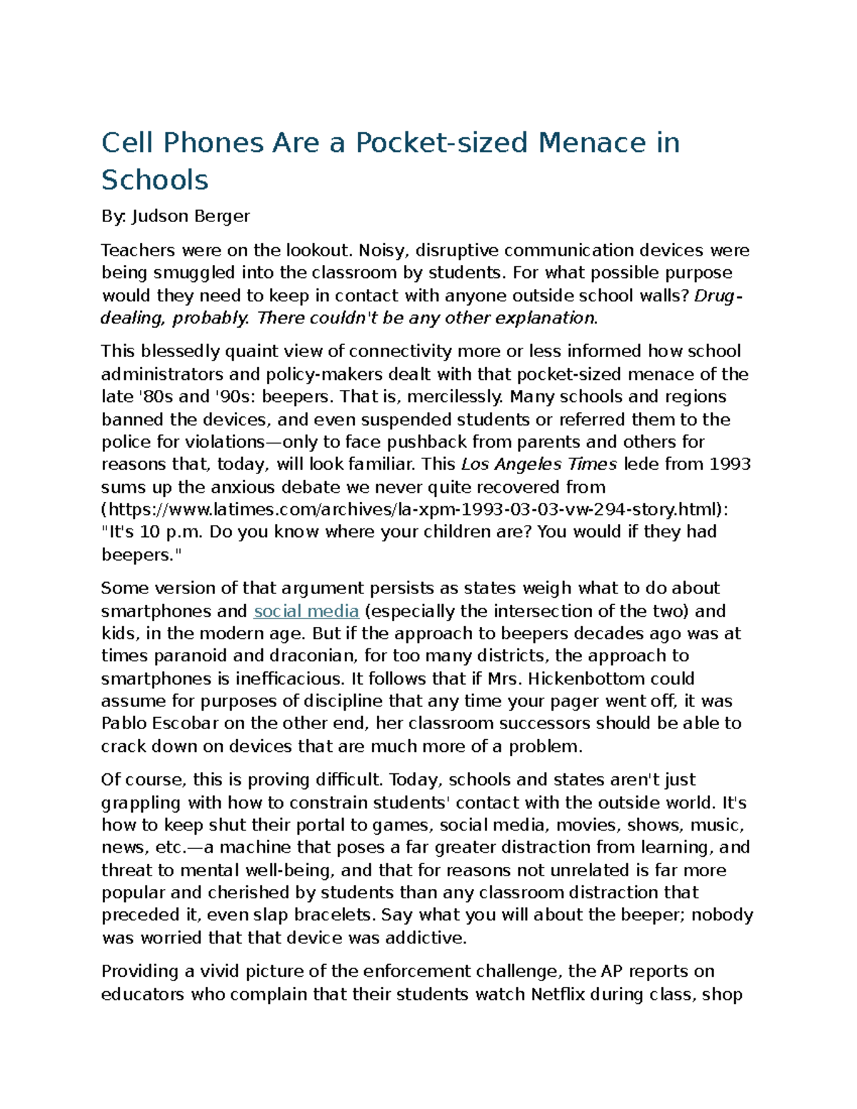 Cell Phones in Schools: Challenges and Policies - Judson Berger - Studocu