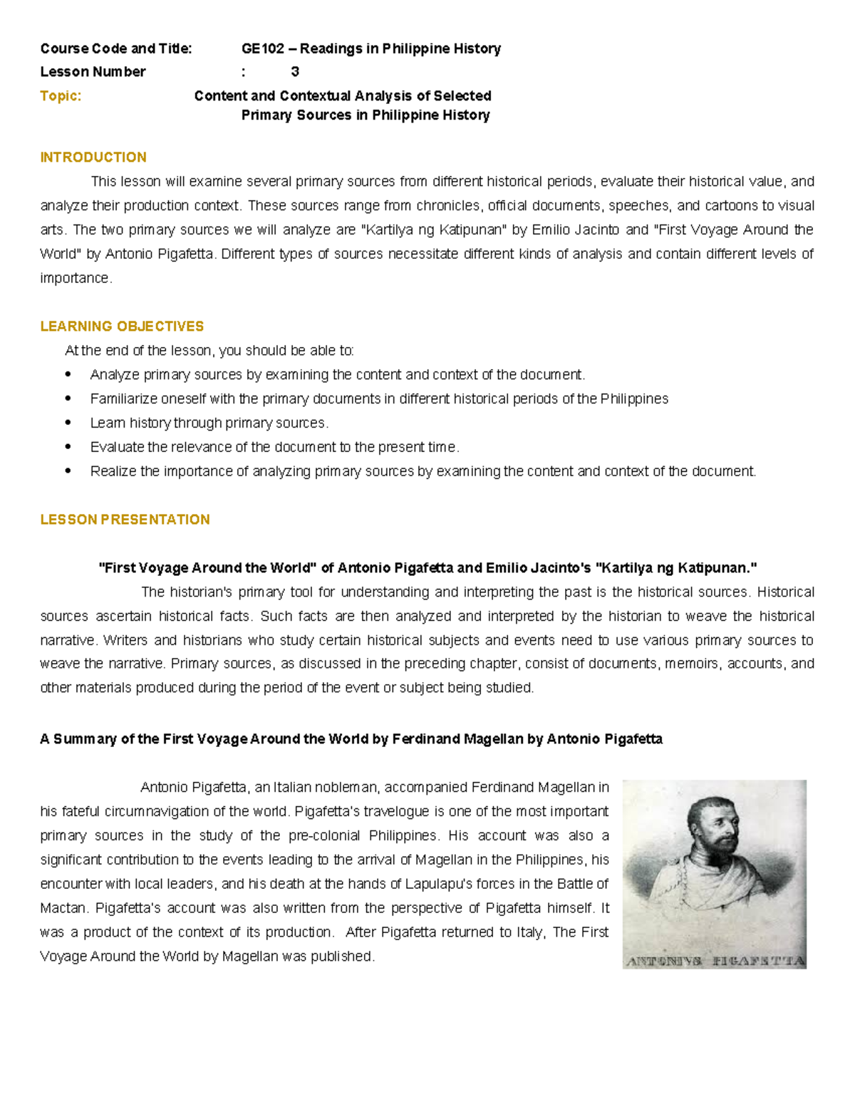 GE102 Lesson 3: Analyzing Primary Sources in Philippine History - Studocu