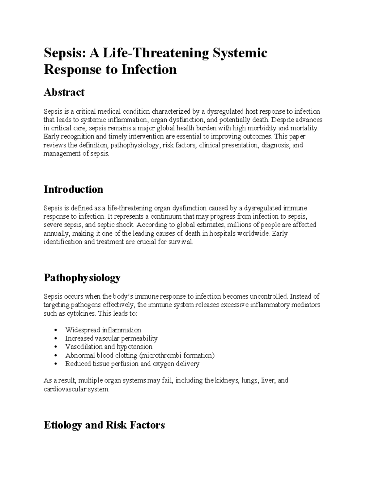 Sepsis: A Comprehensive Review of Diagnosis and Management (SEPSIS-2026 ...