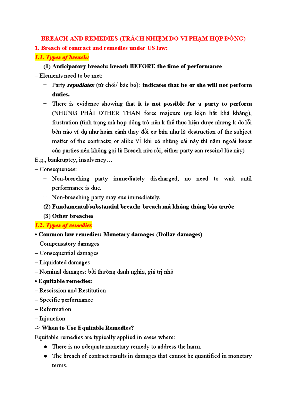 Breach and Remedies in Contract Law (TRÁCH NHIỆM DO VI PHẠM HỢP ĐỒNG ...
