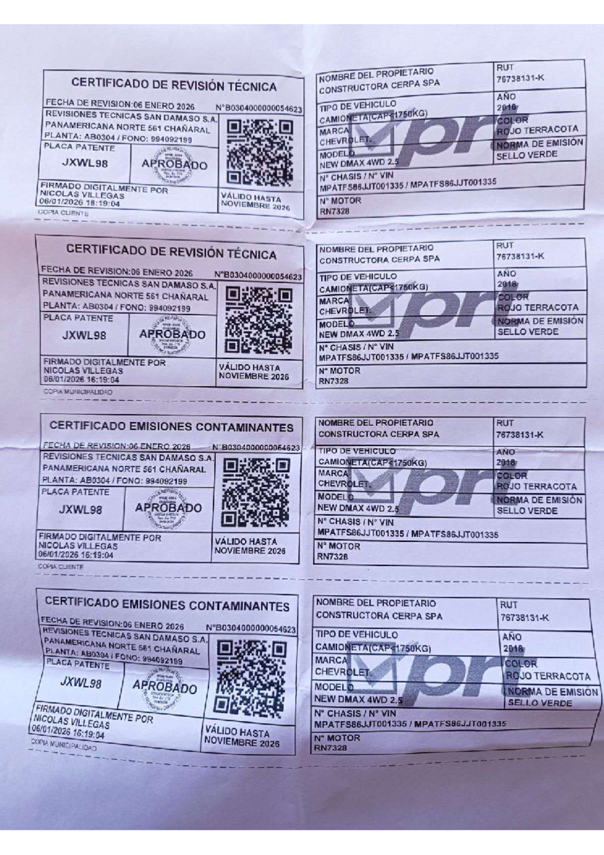 Certificado de Revisión Técnica Vehicular RUT 76738131-K - Studocu
