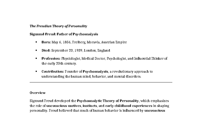 Unit 3: Freud's Psychoanalytic Theory of Personality Notes - Studocu