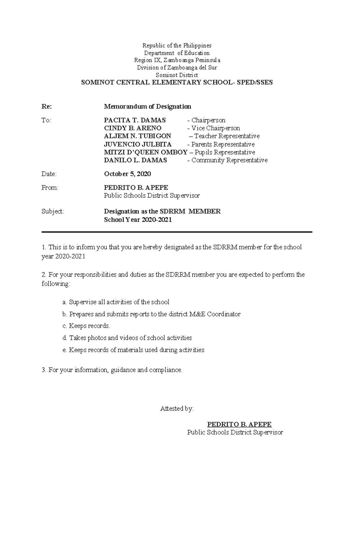 Designation of SDRRM Team Members - School Year 2020 - Studocu