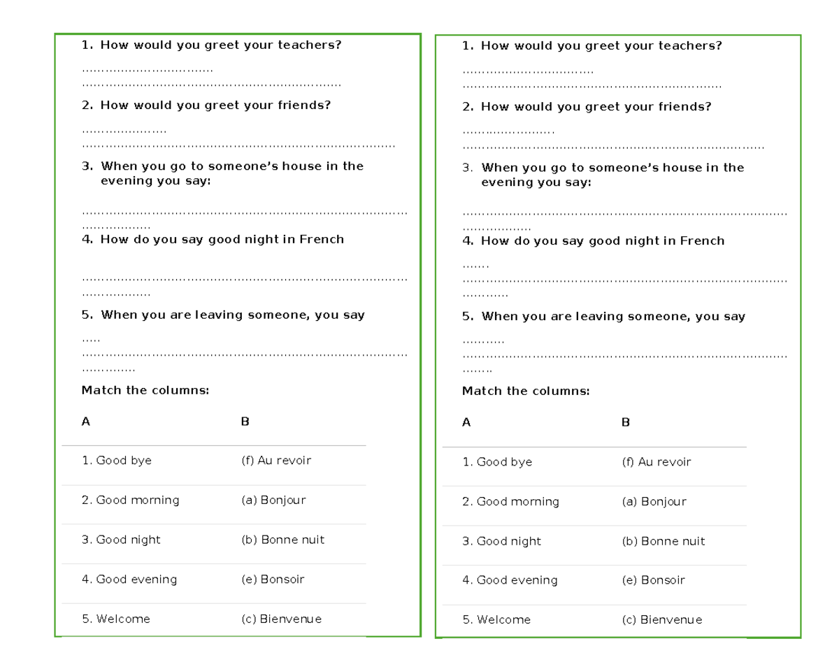 Grade 1 Revision: Greetings and Goodbyes in French - Studocu