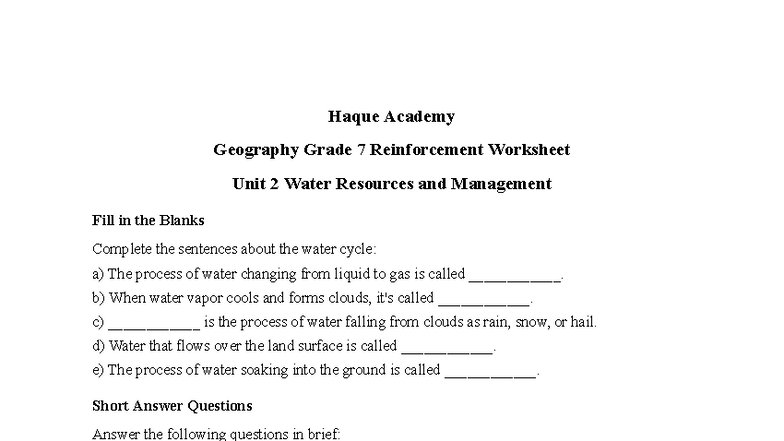 Geography Grade 7 Unit 2 Water Resources Worksheet - Studocu