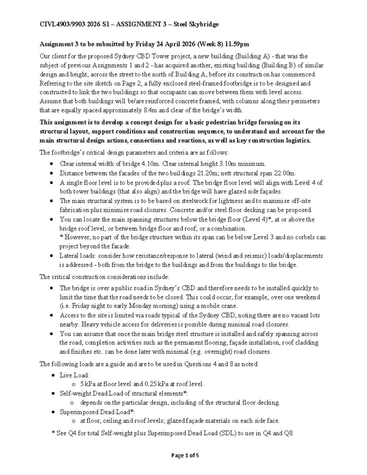 2026 S1 ASSIGNMENT 3: Design of Steel Skybridge Linking Buildings A & B ...