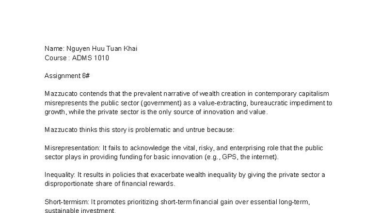ADMS 1010 Assignment 6: Analyzing Mazzucato's Wealth Creation Argument ...