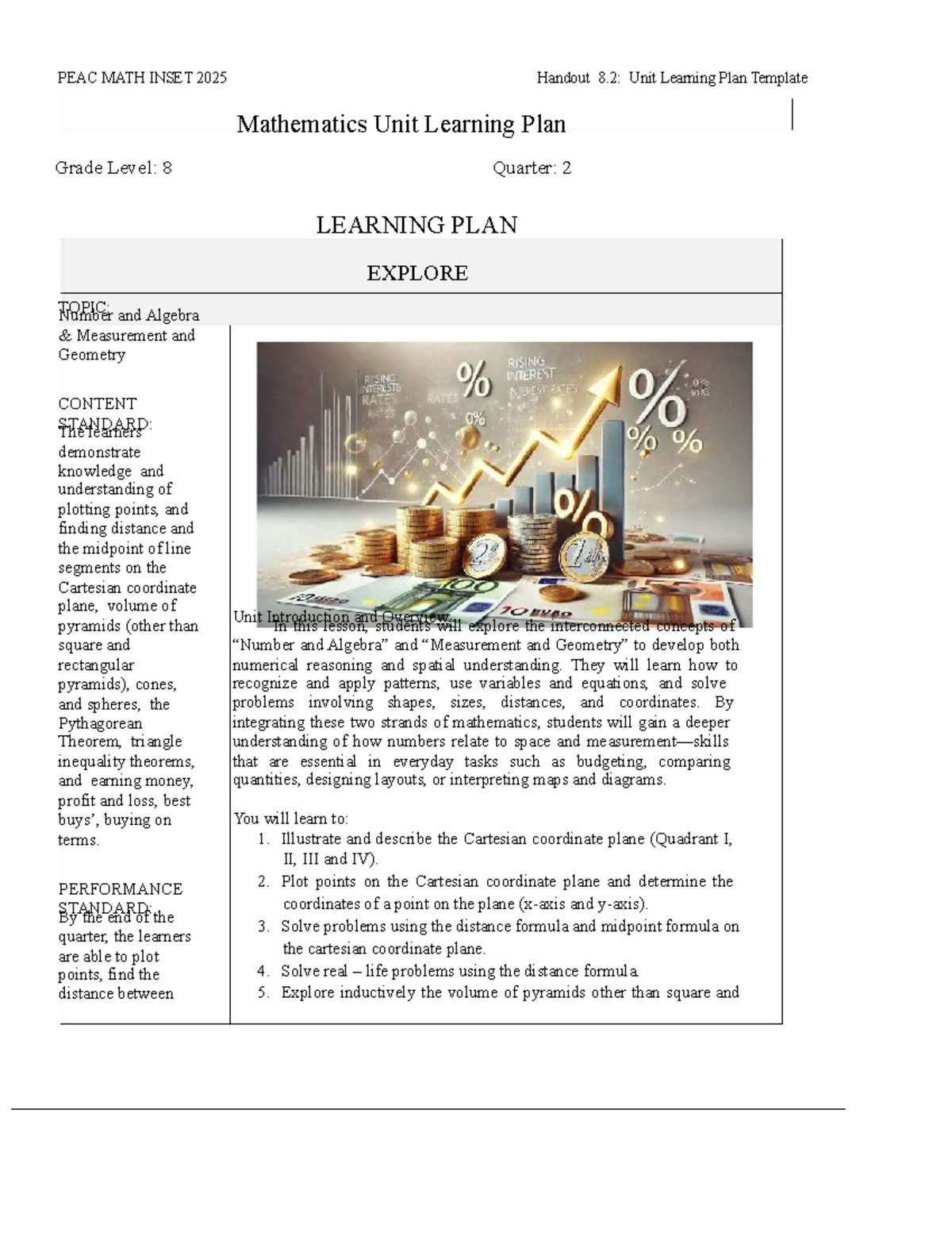 PEAC MATH INSET 2025: Grade 8 Unit Learning Plan on Number & Algebra ...