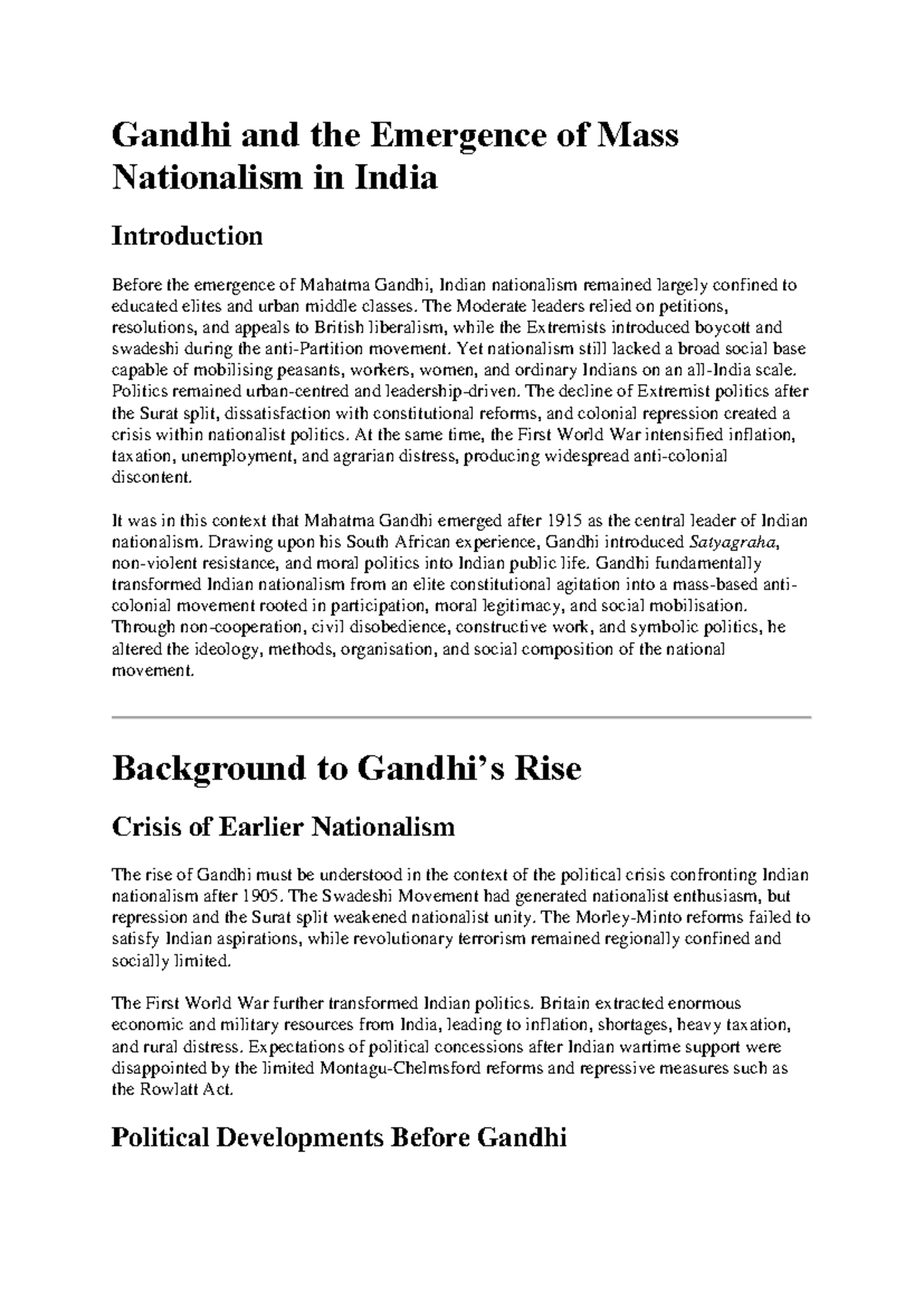 Gandhi and the Rise of Mass Nationalism in India: A Historical Analysis ...