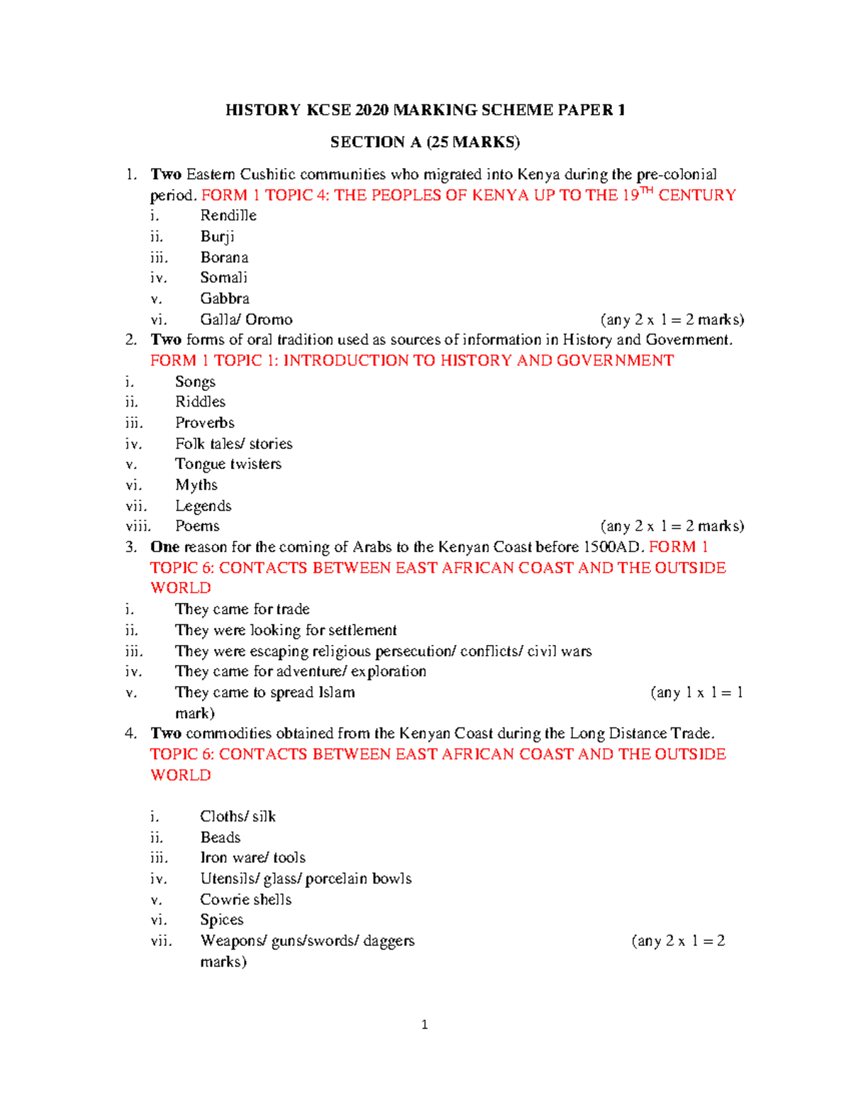 HISTORY KCSE 2020 MARKING SCHEME: PAPER 1 ANALYSIS AND ANSWERS - Studocu