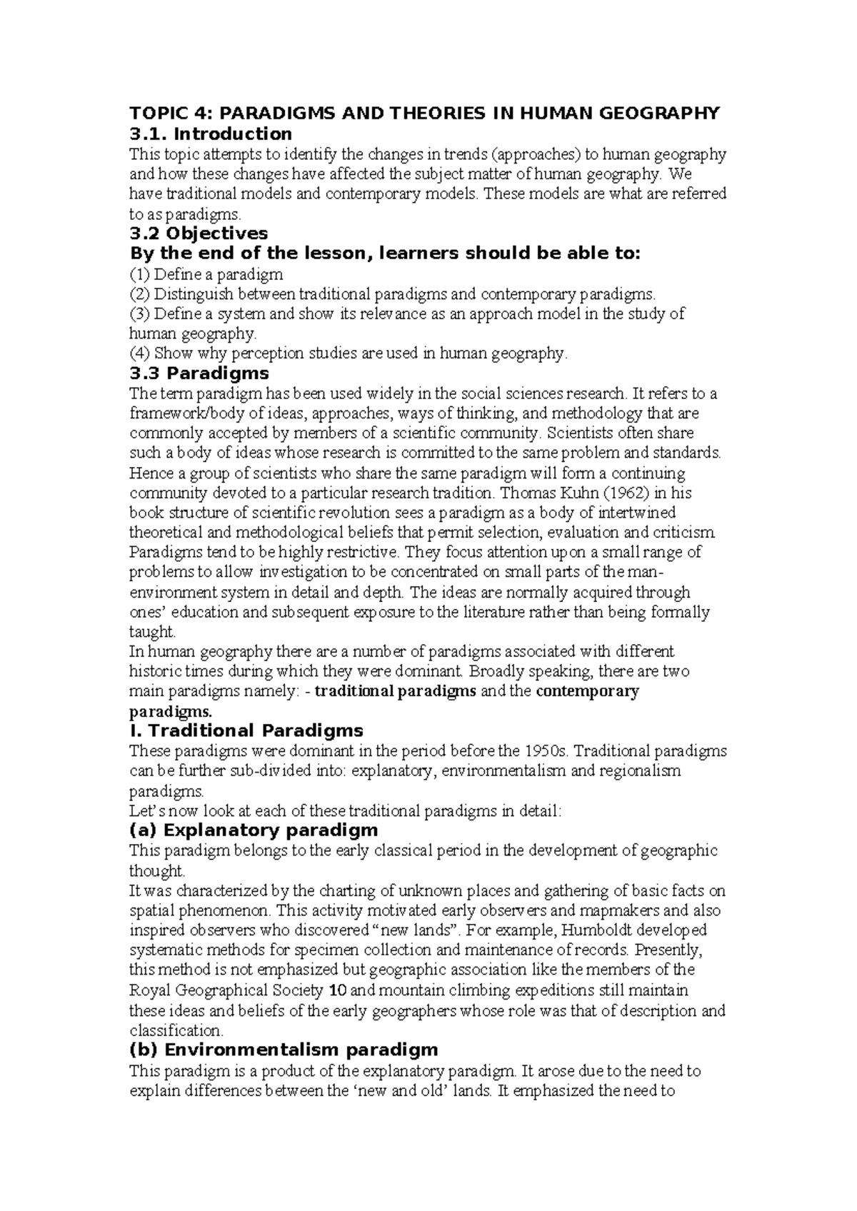 HUMAN GEOGRAPHY PARADIGMS: TRADITIONAL & CONTEMPORARY MODELS - Studocu