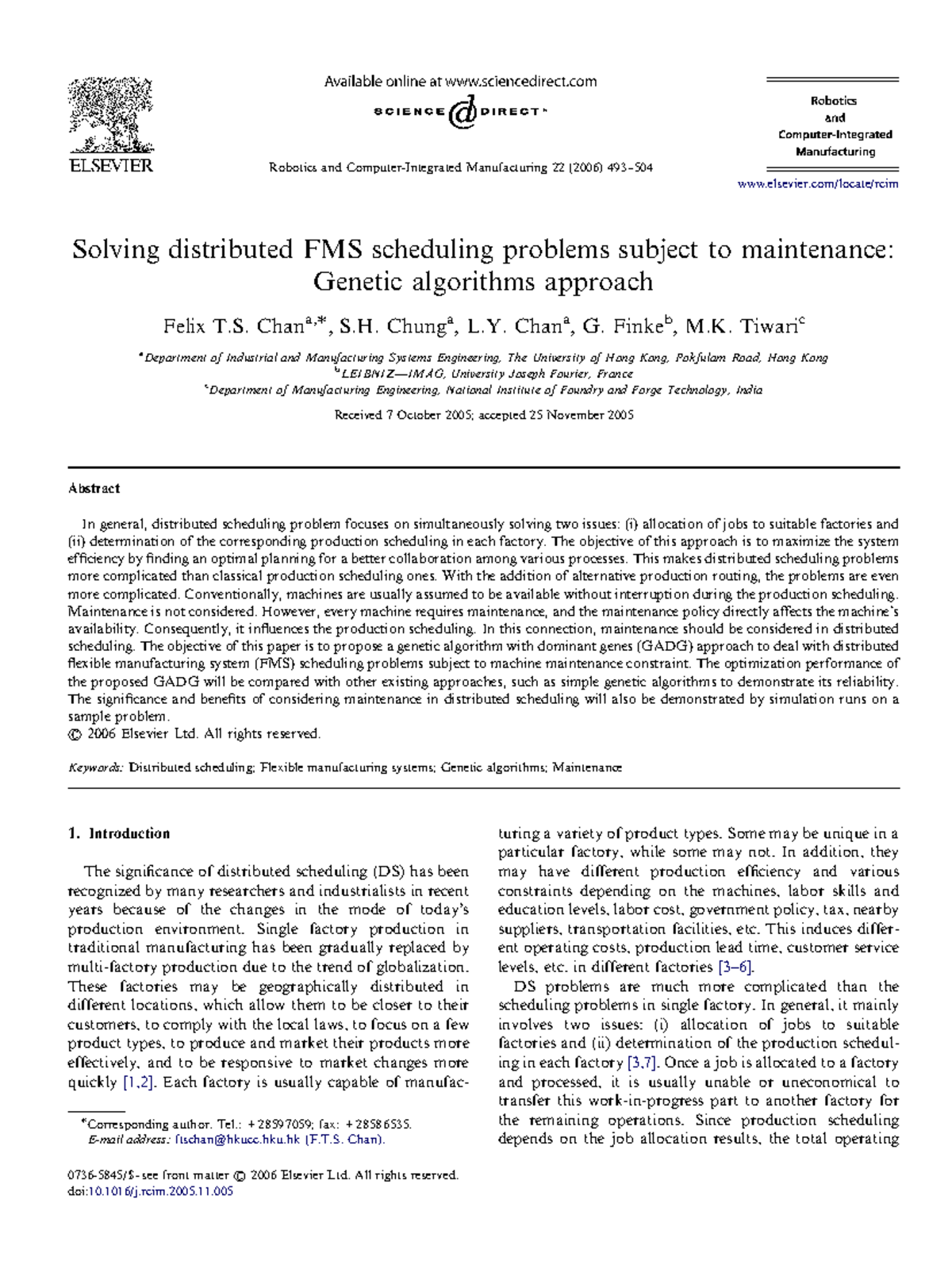 Genetic Algorithms for Distributed FMS Scheduling with Maintenance ...