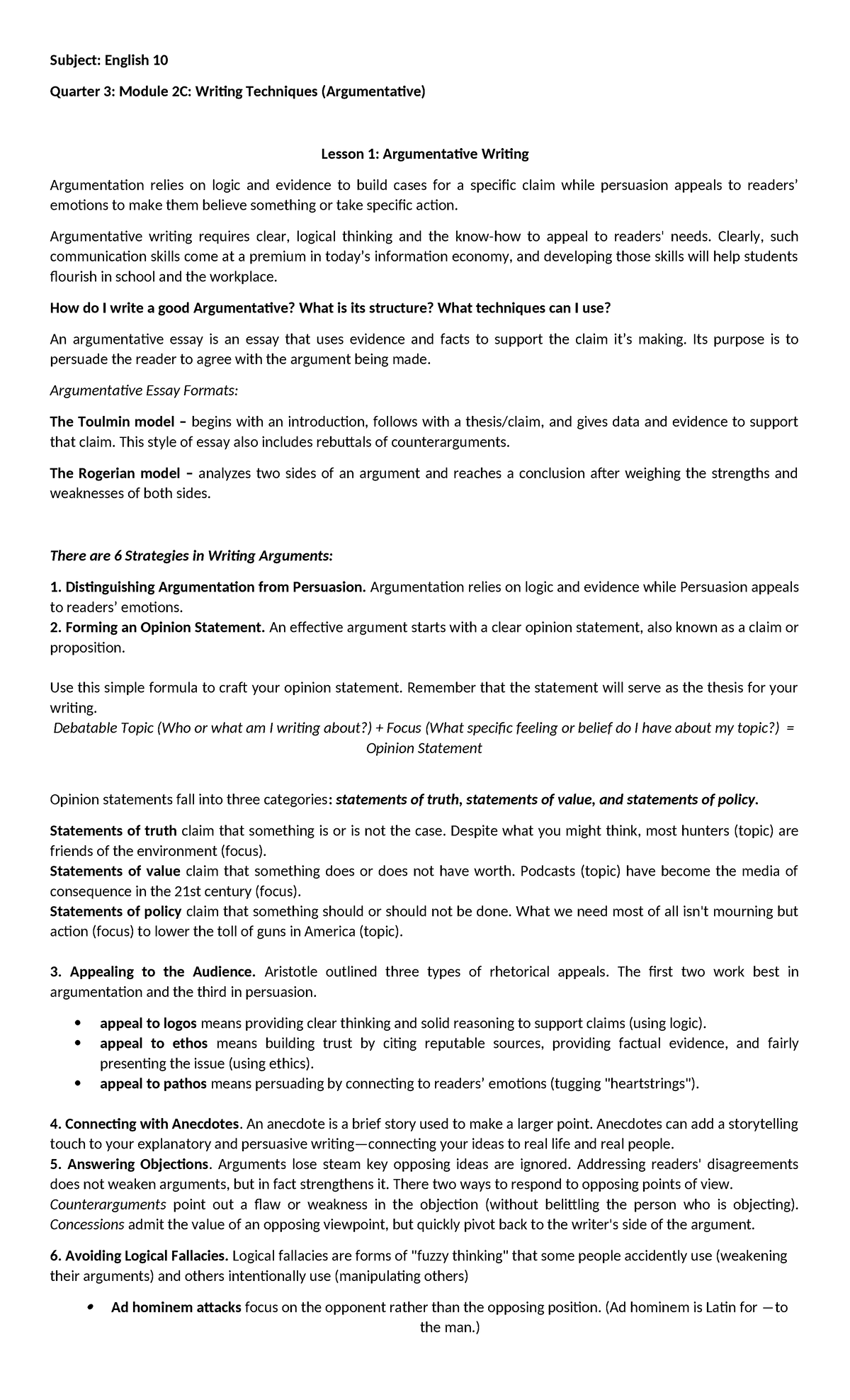 English 10 Q3: Module 2C - Argumentative Writing Techniques - Studocu