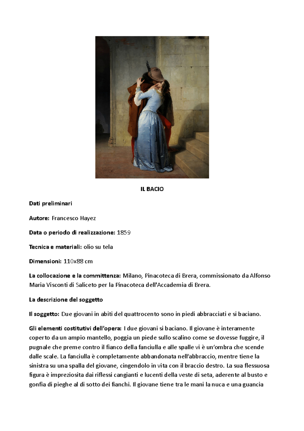 Il bacio di Hayez: Analisi dell'opera d'arte del 1859 - Studocu